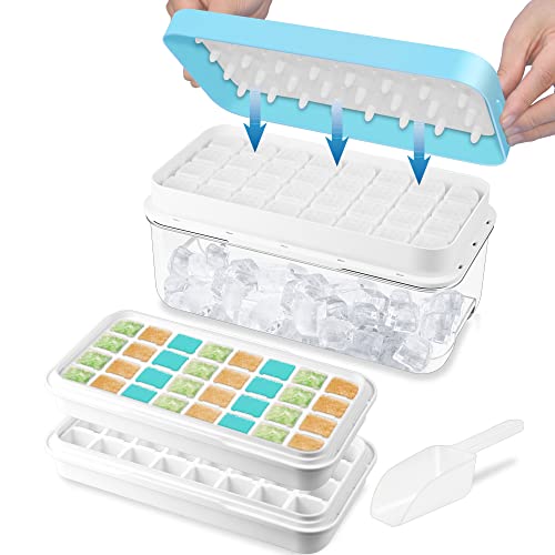 Ice Cube Tray, Stackable Ice Trays for Freezer with Lid and Bin, Easy Release 64 Nuggets Ice for Chilling Cocktails Whiskey Tea Coffee Cool Drinks