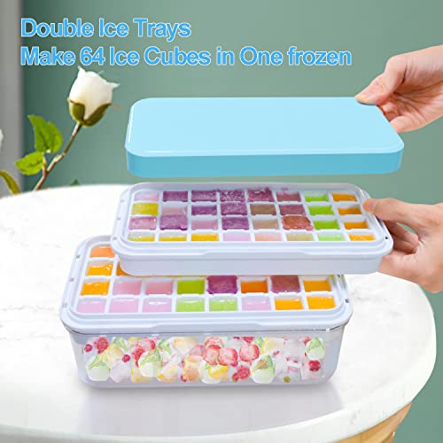 Ice Cube Tray, Stackable Ice Trays for Freezer with Lid and Bin, Easy Release 64 Nuggets Ice for Chilling Cocktails Whiskey Tea Coffee Cool Drinks