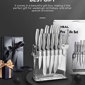 Aiheal Knife Set, 14PCS Stainless Steel Kitchen Knife Set with Clear Knife Holder, No Rust and Super Sharp Cutlery Knife Set in One Piece Design with Knife Sharpener for Kitchen, Serrated Steak Knives