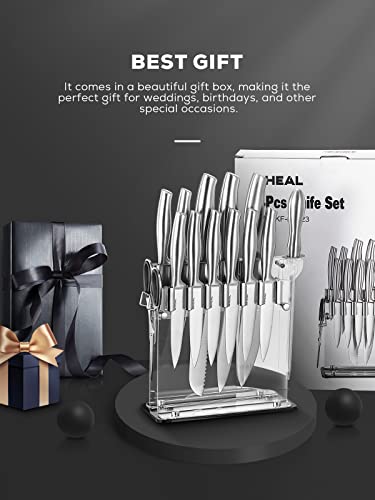 Aiheal Knife Set, 14PCS Stainless Steel Kitchen Knife Set with Clear Knife Holder, No Rust and Super Sharp Cutlery Knife Set in One Piece Design with Knife Sharpener for Kitchen, Serrated Steak Knives