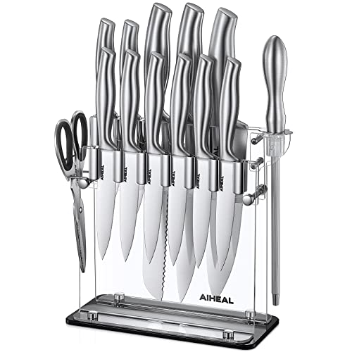 Aiheal Knife Set, 14PCS Stainless Steel Kitchen Knife Set with Clear Knife Holder, No Rust and Super Sharp Cutlery Knife Set in One Piece Design with Knife Sharpener for Kitchen, Serrated Steak Knives