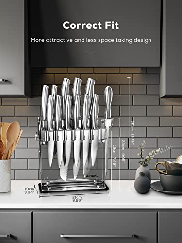 Aiheal Knife Set, 14PCS Stainless Steel Kitchen Knife Set with Clear Knife Holder, No Rust and Super Sharp Cutlery Knife Set in One Piece Design with Knife Sharpener for Kitchen, Serrated Steak Knives