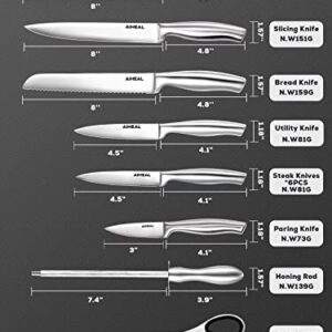 Aiheal Knife Set, 14PCS Stainless Steel Kitchen Knife Set with Clear Knife Holder, No Rust and Super Sharp Cutlery Knife Set in One Piece Design with Knife Sharpener for Kitchen, Serrated Steak Knives