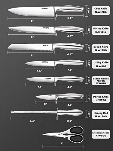 Aiheal Knife Set, 14PCS Stainless Steel Kitchen Knife Set with Clear Knife Holder, No Rust and Super Sharp Cutlery Knife Set in One Piece Design with Knife Sharpener for Kitchen, Serrated Steak Knives