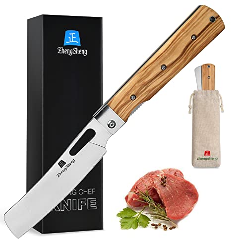 ZhengSheng Folding Chef Knife 4.8 Sharp 440A Stainless Steel Blade Natural Olive Handle Pocket Foldable Japanese Style Kitchen Knife for Outdoor Camping Cooking