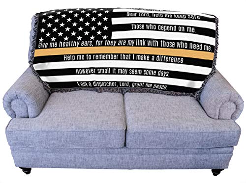 Police Department - Dispatcher's Protection Prayer - Yellow Thin Line American Flag Blanket - Gift Tapestry Throw for Back of Couch or Sofa - Woven from Cotton - Made in The USA (61x36)