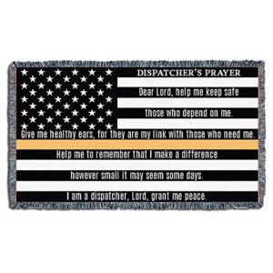 Police Department - Dispatcher's Protection Prayer - Yellow Thin Line American Flag Blanket - Gift Tapestry Throw for Back of Couch or Sofa - Woven from Cotton - Made in The USA (61x36)