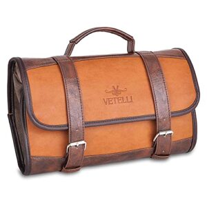 Vetelli Foldable Hanging Leather Travel Toiletry Bag with 2 Zippered Internal Pockets, 2 Snap-Fastened Internal Pockets, and Hanging Hook (2 Pack)