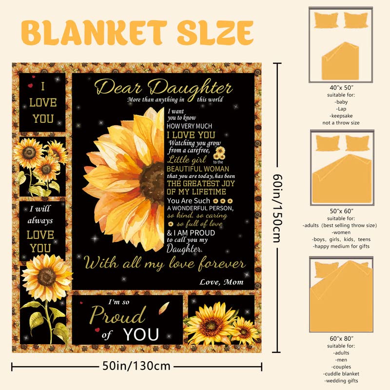 Gifts for Daughter, Birthday Gift for Daughter from Mom Mama, to My Daughter Gift, Mothers' Gift to Daughter, Sunflower Daughter Throw Blanket for Graduation Easter Thanksgiving Day Gifts 50" × 60"