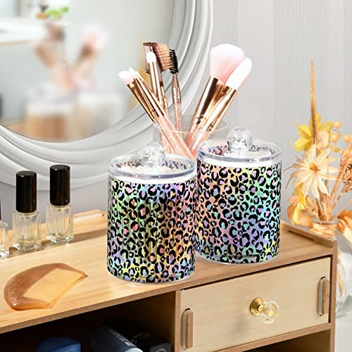 Joisal Multicolored Gradient Leopard Print 2 Pack Ear Cotton Swabs Container With Lids Plastic Bathroom Organizer for Cotton Balls, Cotton Swabs, Cotton Round Pads, Floss Picks