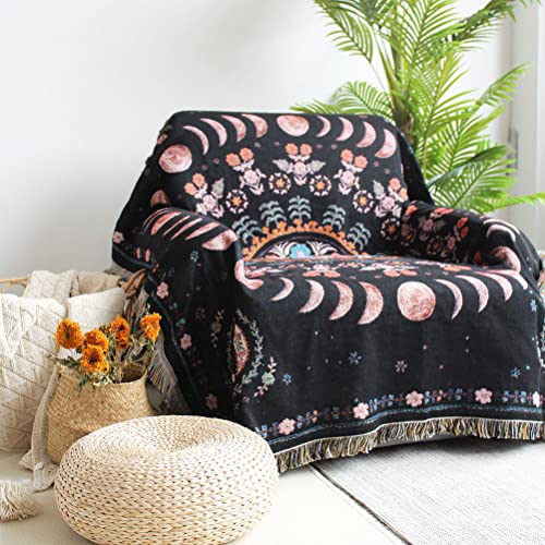 tiowik Mandala Flower Throw Woven Blanket with Tassel for Home Decoration Chair Couch Sofa Bed Beach Travel Picnic Cloth Tapestry Shawl Cozy Cotton (Black 63×51 Inches)