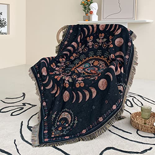 tiowik Mandala Flower Throw Woven Blanket with Tassel for Home Decoration Chair Couch Sofa Bed Beach Travel Picnic Cloth Tapestry Shawl Cozy Cotton (Black 63×51 Inches)