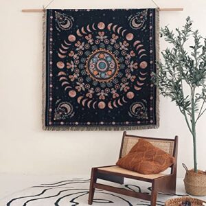 tiowik Mandala Flower Throw Woven Blanket with Tassel for Home Decoration Chair Couch Sofa Bed Beach Travel Picnic Cloth Tapestry Shawl Cozy Cotton (Black 63×51 Inches)