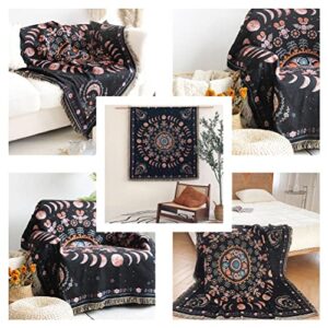 tiowik Mandala Flower Throw Woven Blanket with Tassel for Home Decoration Chair Couch Sofa Bed Beach Travel Picnic Cloth Tapestry Shawl Cozy Cotton (Black 63×51 Inches)