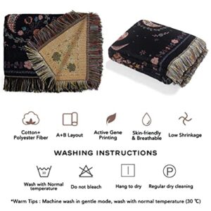 tiowik Mandala Flower Throw Woven Blanket with Tassel for Home Decoration Chair Couch Sofa Bed Beach Travel Picnic Cloth Tapestry Shawl Cozy Cotton (Black 63×51 Inches)