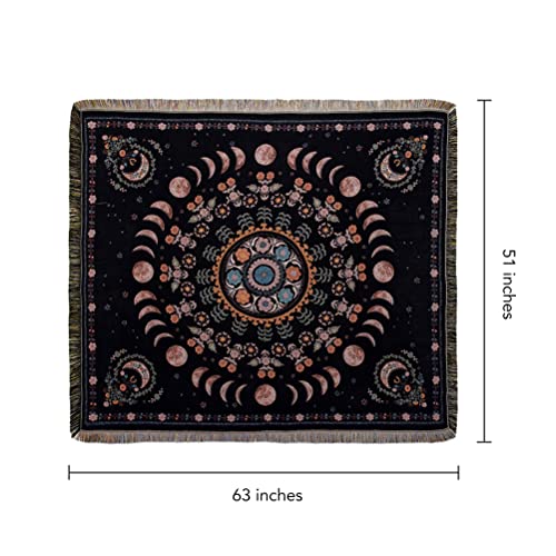 tiowik Mandala Flower Throw Woven Blanket with Tassel for Home Decoration Chair Couch Sofa Bed Beach Travel Picnic Cloth Tapestry Shawl Cozy Cotton (Black 63×51 Inches)