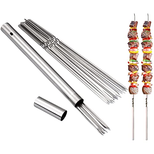 WILLBBQ 304 Stainless Steel Flat Barbecue Skewers,20PCS/40PCS BBQ Kebab Skewers with Portable Metal Storage Tube,Reusable for Grilling Barbecue Kitchen Party and Outdoor Cooking (40)