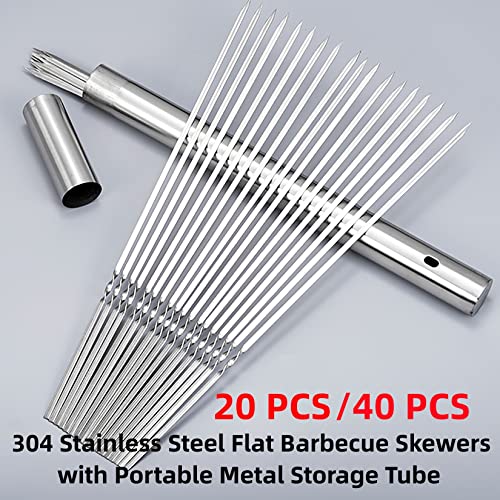 WILLBBQ 304 Stainless Steel Flat Barbecue Skewers,20PCS/40PCS BBQ Kebab Skewers with Portable Metal Storage Tube,Reusable for Grilling Barbecue Kitchen Party and Outdoor Cooking (40)