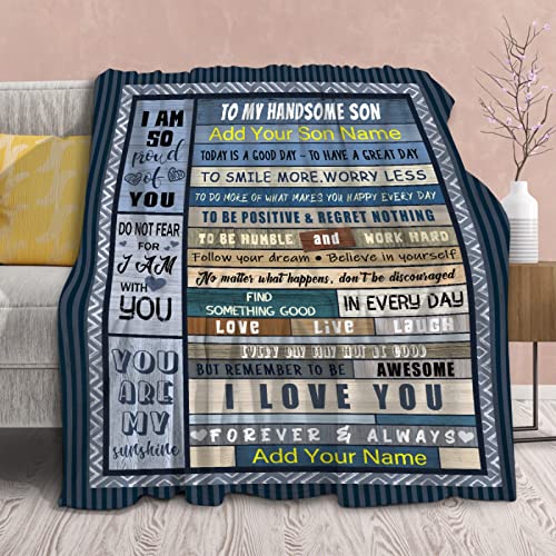 Personalized to My Son Blanket from Mom Dad 60x80 Inches Lightweight Flannel Throws Custom Name Gift for Boy Men Super Soft Comfy Blankets Birthday Christmas Decor Couch Sofa