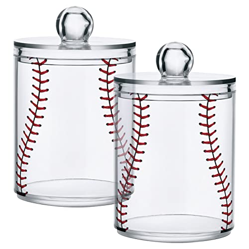 Gredecor 4 Pack Apothecary Jars Baseball Softball Red Lace Qtip Holder Organizer Clear Airtight Canister for Cotton Swabs Storage Acrylic Plastic Jar with Lids