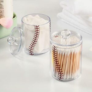 Gredecor 4 Pack Apothecary Jars Baseball Softball Red Lace Qtip Holder Organizer Clear Airtight Canister for Cotton Swabs Storage Acrylic Plastic Jar with Lids