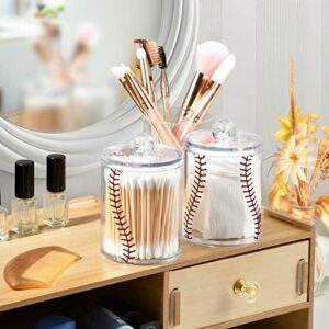 Gredecor 4 Pack Apothecary Jars Baseball Softball Red Lace Qtip Holder Organizer Clear Airtight Canister for Cotton Swabs Storage Acrylic Plastic Jar with Lids