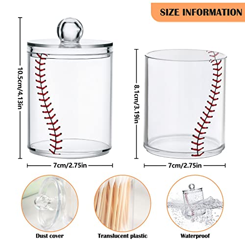 Gredecor 4 Pack Apothecary Jars Baseball Softball Red Lace Qtip Holder Organizer Clear Airtight Canister for Cotton Swabs Storage Acrylic Plastic Jar with Lids