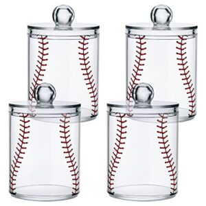 Gredecor 4 Pack Apothecary Jars Baseball Softball Red Lace Qtip Holder Organizer Clear Airtight Canister for Cotton Swabs Storage Acrylic Plastic Jar with Lids