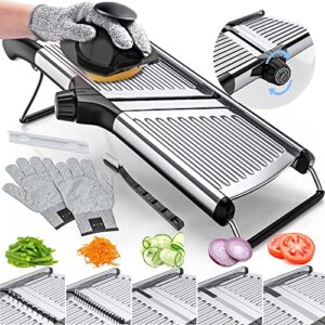 gramercy adjustable mandoline slicer for kitchen, vegetable chopper, food chopper, vegetable slicer, potato slicer, mandolin, potato cutter - stainless steel - including one pair cut-resistant gloves