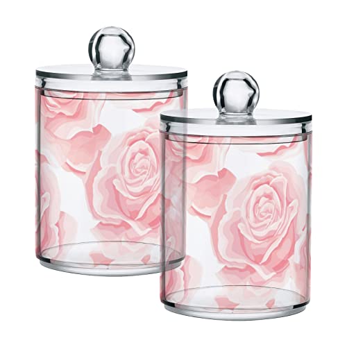 WELLDAY Apothecary Jars Bathroom Storage Organizer with Lid - 14 oz Qtip Holder Storage Canister, Pink Rose Flower Clear Plastic Jar for Cotton Swab, Cotton Ball, Floss Picks, Makeup Sponges,Hair Clip