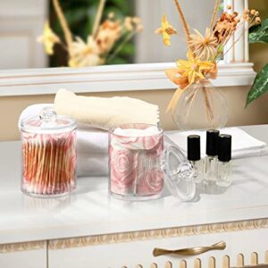 WELLDAY Apothecary Jars Bathroom Storage Organizer with Lid - 14 oz Qtip Holder Storage Canister, Pink Rose Flower Clear Plastic Jar for Cotton Swab, Cotton Ball, Floss Picks, Makeup Sponges,Hair Clip