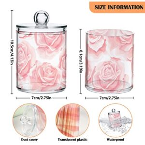 WELLDAY Apothecary Jars Bathroom Storage Organizer with Lid - 14 oz Qtip Holder Storage Canister, Pink Rose Flower Clear Plastic Jar for Cotton Swab, Cotton Ball, Floss Picks, Makeup Sponges,Hair Clip