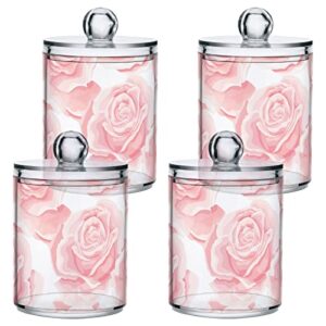 WELLDAY Apothecary Jars Bathroom Storage Organizer with Lid - 14 oz Qtip Holder Storage Canister, Pink Rose Flower Clear Plastic Jar for Cotton Swab, Cotton Ball, Floss Picks, Makeup Sponges,Hair Clip