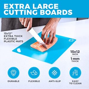 Extra Thick Flexible Plastic Cutting Board Mats With Holes For Hanging And Food Icons & "EZ-Grip" Waffle Back, (Set of 4) Dishwasher Safe