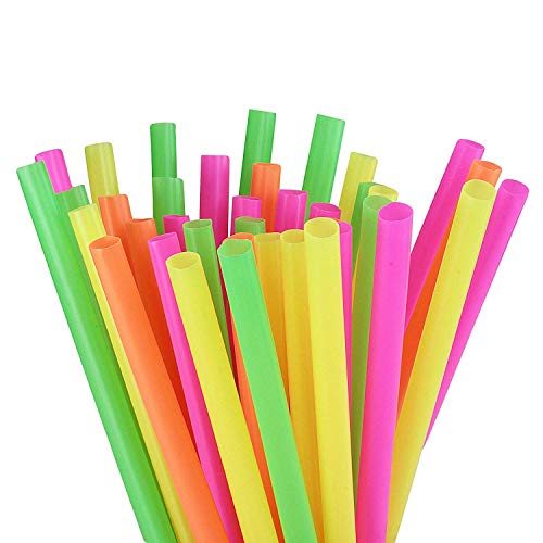 300ct Large Milkshake/Smoothie/Slush Straws, Disposable Jumbo Extra Wide Thick Long Plastic Drinking Straw, Assorted Colors, 9"x.26" (300) (Neon)