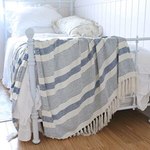 Boho Farmhouse Woven Navy and Ivory Chenille Throw Fringe 50 x 60 Blanket Blue and White Striped, Velvety Decorative Textured Throw, Soft Cozy Blanket with Tassels for Couch, Bed, Sofa, Office