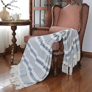 Boho Farmhouse Woven Navy and Ivory Chenille Throw Fringe 50 x 60 Blanket Blue and White Striped, Velvety Decorative Textured Throw, Soft Cozy Blanket with Tassels for Couch, Bed, Sofa, Office