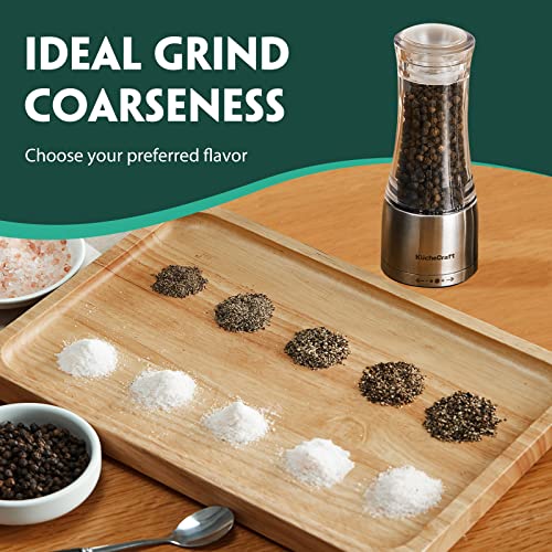 Pepper Grinder - KucheCraft Intuitive Salt Grinder or Pepper Grinder Refillable - Stainless Steel Manual Pepper Mill with Aroma Sealable Cap - Up to 5 Preset Grind Sizes