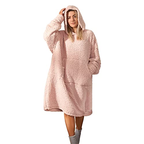 Brentfords Long Soft Teddy Fleece Oversized Hoodie Blanket Sweatshirt, Blush