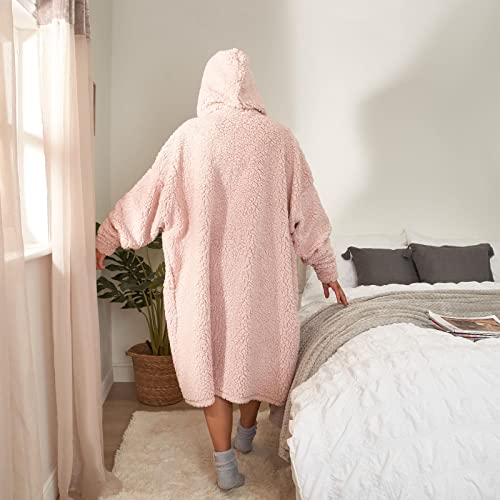 Brentfords Long Soft Teddy Fleece Oversized Hoodie Blanket Sweatshirt, Blush