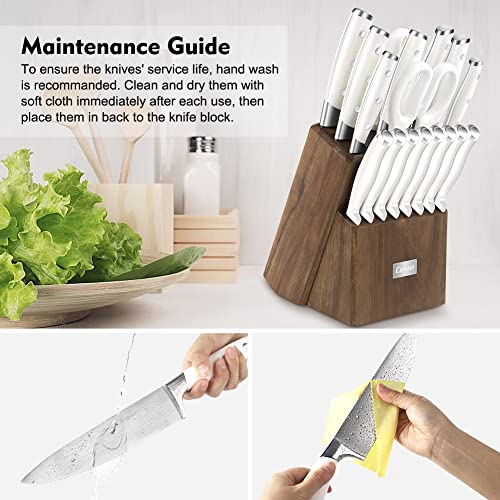 Knife Set, 23 PCS Kitchen Knife Set with Block, Germany High Carbon Stainless Steel Chef Knife Block Set, Knives Set for Kitchen with Sharpener & Finger Guard, Ultra Sharp, White