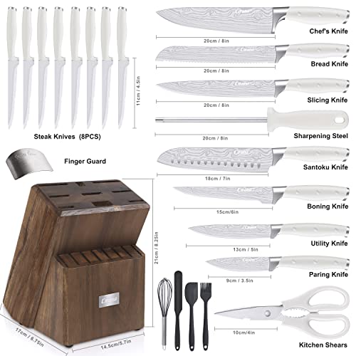 Knife Set, 23 PCS Kitchen Knife Set with Block, Germany High Carbon Stainless Steel Chef Knife Block Set, Knives Set for Kitchen with Sharpener & Finger Guard, Ultra Sharp, White