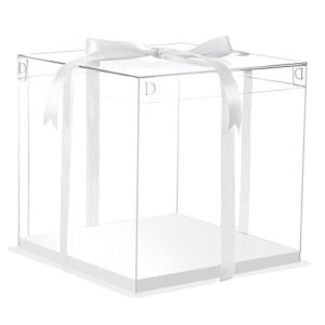 XININSUN 6Pcs Tall Cake Boxes Clear cake Box with Ribbon, 12x12x 10inch,Ideal for Large 10" and 12" Inch Tall Layer Tiered Cakes and Clear Gift Boxes for Wedding Party and Gift Display - White