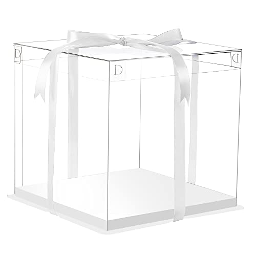 XININSUN 6Pcs Tall Cake Boxes Clear cake Box with Ribbon, 12x12x 10inch,Ideal for Large 10" and 12" Inch Tall Layer Tiered Cakes and Clear Gift Boxes for Wedding Party and Gift Display - White