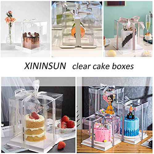 XININSUN 6Pcs Tall Cake Boxes Clear cake Box with Ribbon, 12x12x 10inch,Ideal for Large 10" and 12" Inch Tall Layer Tiered Cakes and Clear Gift Boxes for Wedding Party and Gift Display - White