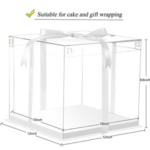 XININSUN 6Pcs Tall Cake Boxes Clear cake Box with Ribbon, 12x12x 10inch,Ideal for Large 10" and 12" Inch Tall Layer Tiered Cakes and Clear Gift Boxes for Wedding Party and Gift Display - White