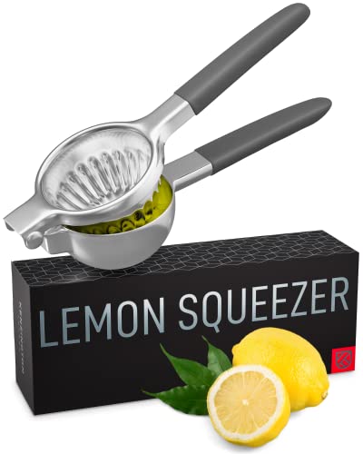 Lemon Squeezer Stainless Steel Press - Ergonomic, Manual Non-Slip Grip Design - Effortless Pro-Grade Lemon, Lime, Orange, and Citrus Fruit Hand Held Juicer - Fewer Seeds, More Juice