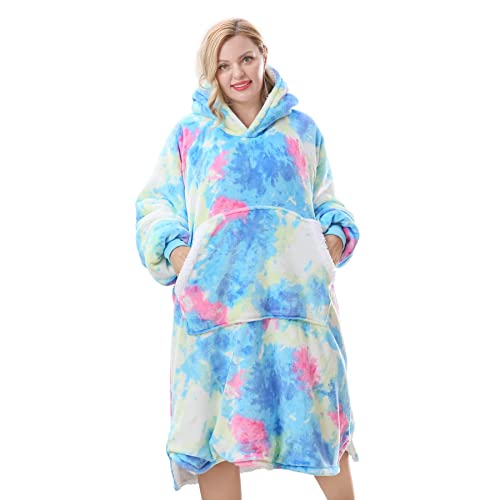 Uttermara Oversized Blanket Hoodie for Adult, Sherpa Fleece Wearable Blanket with Cozy Hood, Ultra Soft Warm Comfortable Sweatshirt with Large Pocket and Sleeve, One Size Fits All, Blue Purple Tie Dye