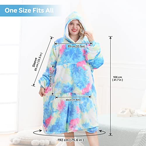 Uttermara Oversized Blanket Hoodie for Adult, Sherpa Fleece Wearable Blanket with Cozy Hood, Ultra Soft Warm Comfortable Sweatshirt with Large Pocket and Sleeve, One Size Fits All, Blue Purple Tie Dye