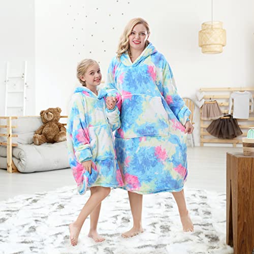 Uttermara Oversized Blanket Hoodie for Adult, Sherpa Fleece Wearable Blanket with Cozy Hood, Ultra Soft Warm Comfortable Sweatshirt with Large Pocket and Sleeve, One Size Fits All, Blue Purple Tie Dye